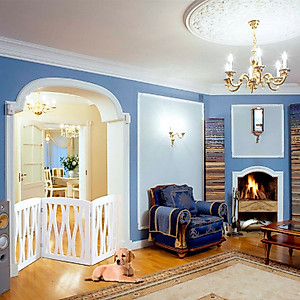 Wooden Pet Gate, Foldable and Freestanding, For Indoor Home and Office Use. Keeps Pets Safe [White Cascade Wave Decorative Design. Easy Set Up, No Tools Required]