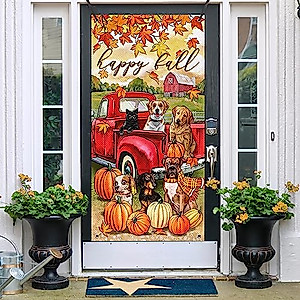 Deroro Happy Fall Dogs Cat Red Truck Door Cover Decorations, Autumn Pumpkin Maple Leaves Puppy Kitty Front Door Banner Background, Thanksgiving Farmhouse Indoor Outdoor Home Decor 3 x 6 FT