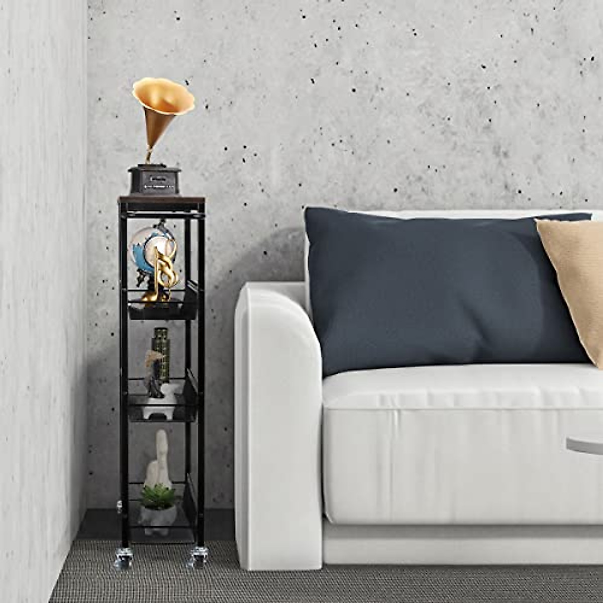 4 Tier Slim Rolling Cart, Narrow Shelf Storage Cart for Small Space, Slide Out Narrow Cart with Wooden Top, Metal Handle and Wire Mesh for Narrow Space on Kitchen, Bathroom, Laundry Room, Black.