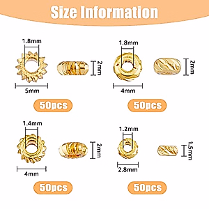 HOBBIESAY 200Pcs 2 Styles 4 Sizes Textured Brass Spacer Beads 2.8~5mm Rondelle Beads Golden Flat Round Beads Long-Lasting Plated Bead for Bracelet Keychain Earring Crafts Making,Hole: 1.2~1.8mm