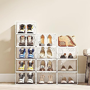 JOISCOPE 12 Pack Shoe Storage Boxes, Fit up to US Size 10, Clear PP Plastic Stackable Shoe Organizer for Closet, Space Saving Foldable Shoe Container Bins, for Entryway, White