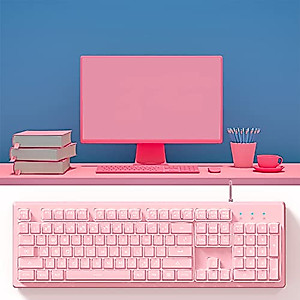 KECOP Baby Pink USB Wire Keyboard with Rainbow LED Backlight Full 104 keys Water-Resistant Mechanical Feeling Game Keyboard for Desktop, Computer, PC (Baby Pink)