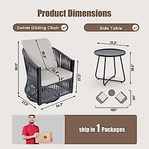 Yechen Swivel Patio Rocking Chairs - High Back Outdoor Chair with Hand Woven Rope & Swivel Rocking Base, Glider Rocking Chair with Cushion for Porch Deck Garden Balcony Backyard