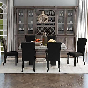 RUNWON 7-Piece Luxury Kitchen Set-Faux Marble Dining Rectangular Table and 6 Upholstered-Seat Chairs, Black