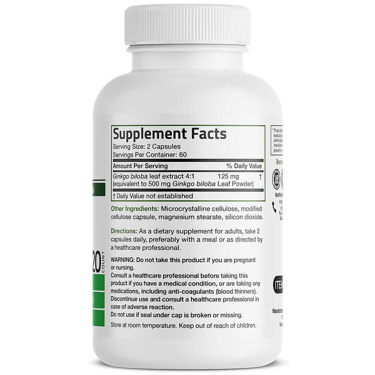 Bronson Ginkgo Biloba Extra Supports Brain Function & Memory Support, 120 Vegetarian Capsules