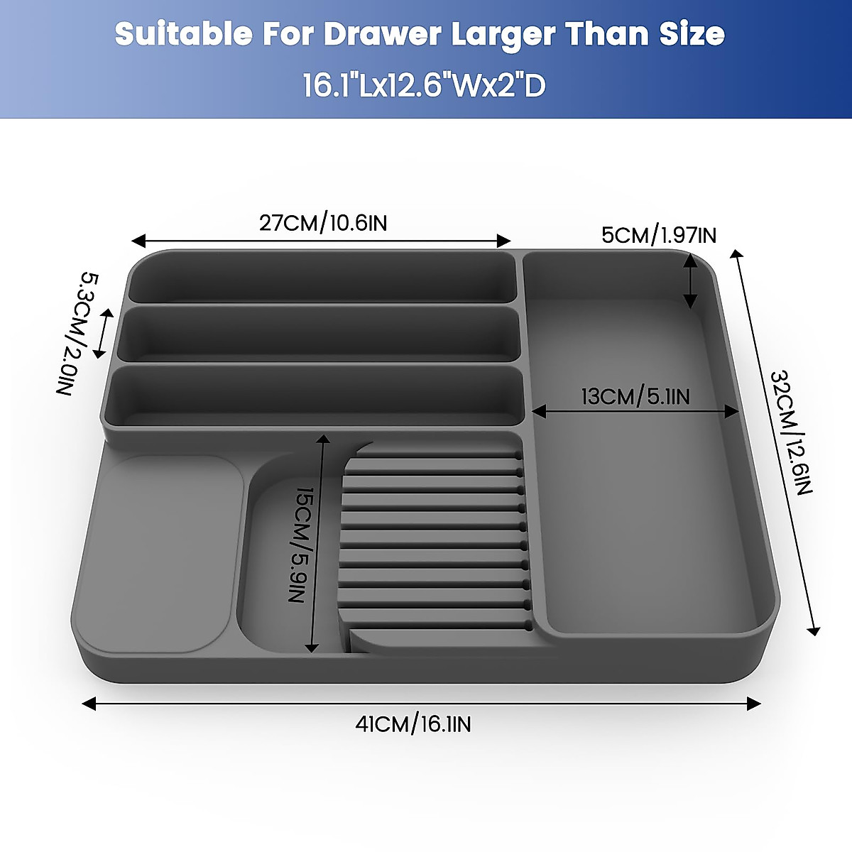 OUTXE Silicone Silverware Drawer Organizer, Non-Slip Utensil Organizer for Kitchen Drawers, Cutlery Tray with Extra Knife Block, 4 Compartments Flatware Organizer for Spoon and Fork, Grey