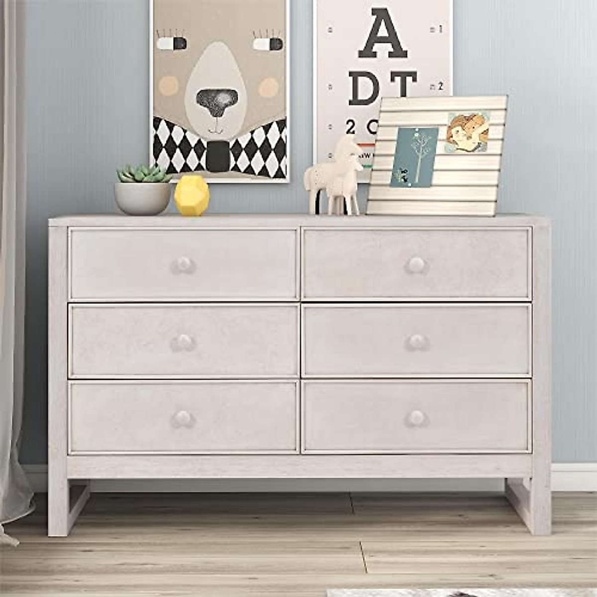 Merax Dresser, Antique White Modern Farmhouse Wood Bedroom with 6, Wide Chest Closet, Clothes, Kids, Baby, TV Stand with Drawers