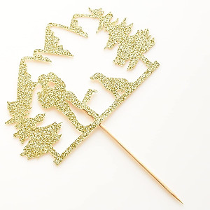 Outdoor Wedding Cake Topper Bride & Groom with Dog Backpacking Wedding Party Decor Mountain Trees Outdoor Themed Wedding Cake Decorations Gold Glitter