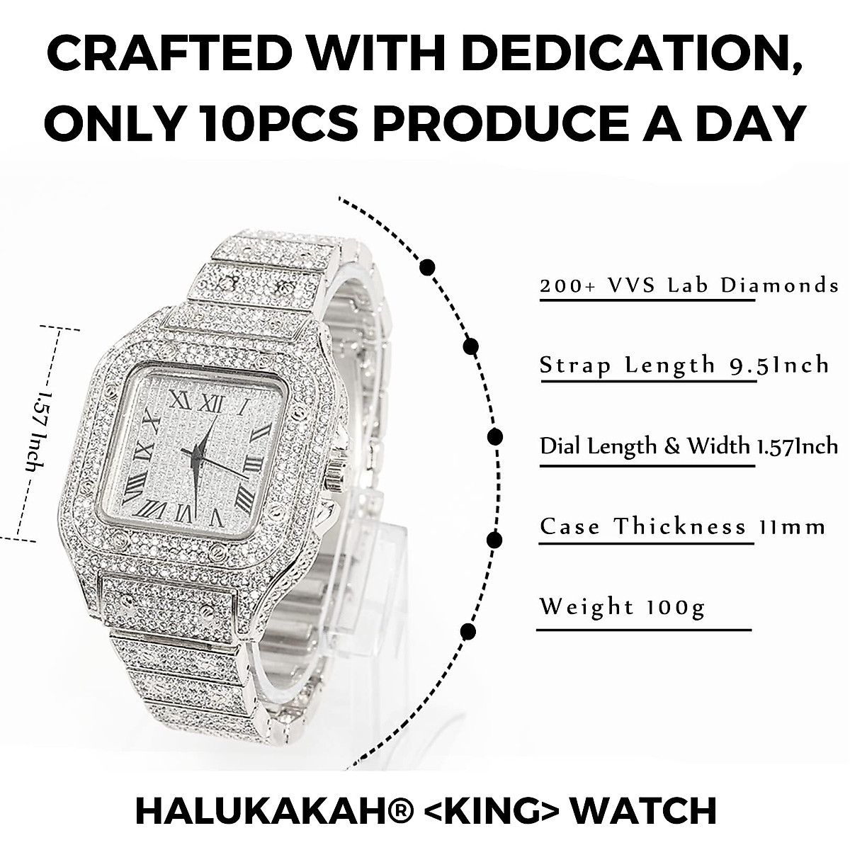 Halukakah Men's Watch - The King - Platinum Plated, 40MM Square Dial, Iced Out Wristband, Comes in Giftbox,Gift for Men Son Husband