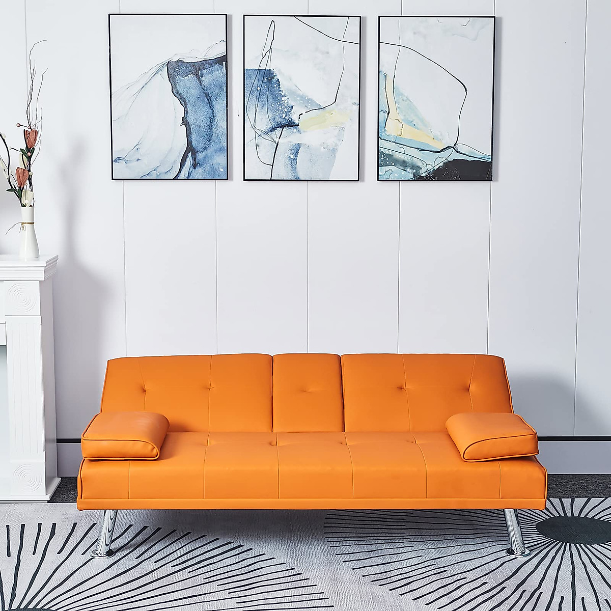 TMEOSK Faux Leather Upholstered Modern Convertible Folding Futon Sofa Bed with 2 Cup Holders, Adjustable Sofa Sleeper with Removable Armrests for Living Room Office Small Space, Orange