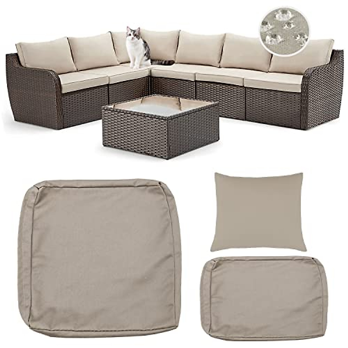 Sqodok Patio Cushion Covers Set for 7 Pcs Outdoor Sectional Rattan Sofa Set, Outdoor Cushion Covers for Seat and Back, Tan