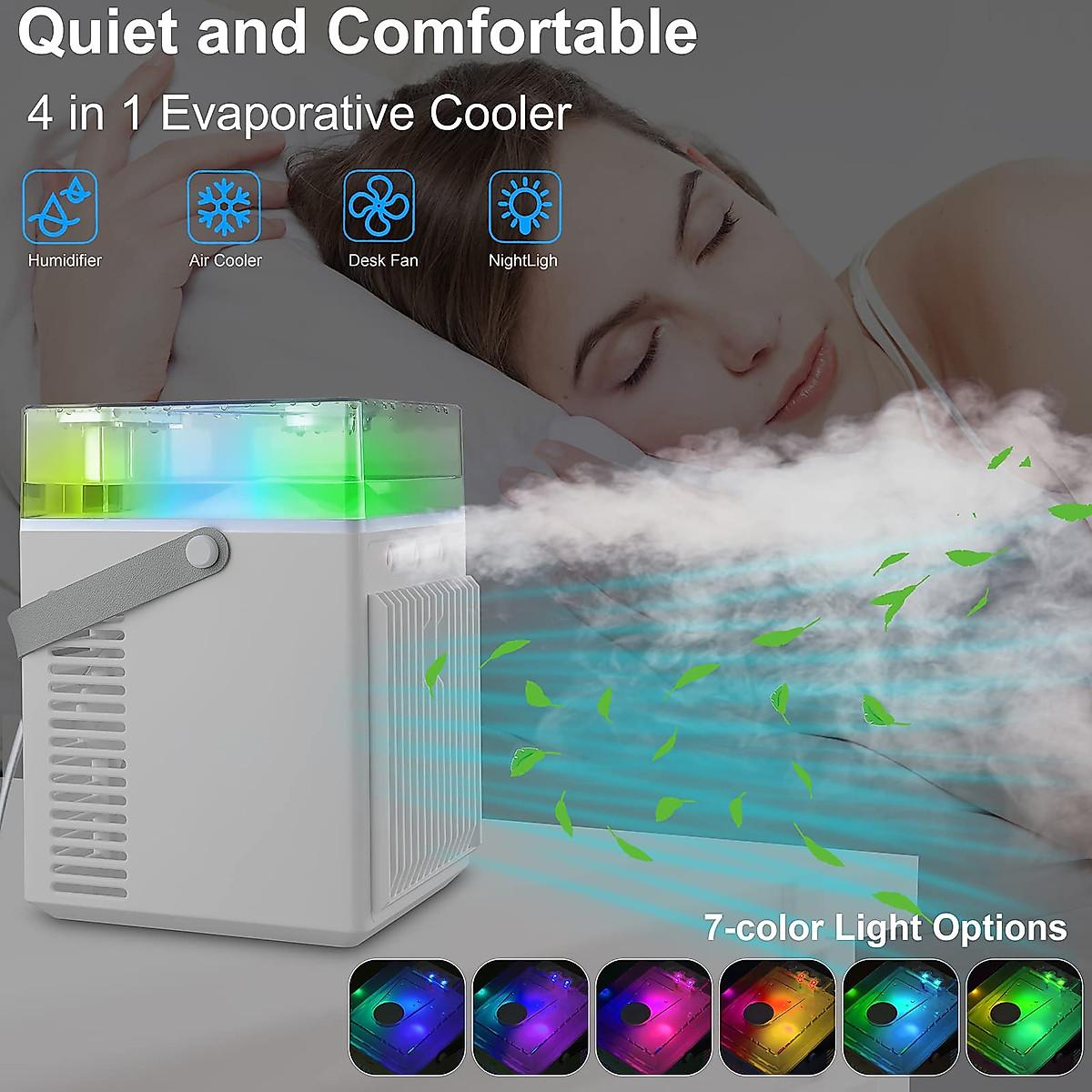 Portable Air Conditioner Fan Personal Air Conditioner Mini Evaporative Portable Personal Air Cooler with 3 Speeds USB-C Portable Evaporative Cooler with 7 Colors Light & 6 Ice Boxes for Bedroom Office