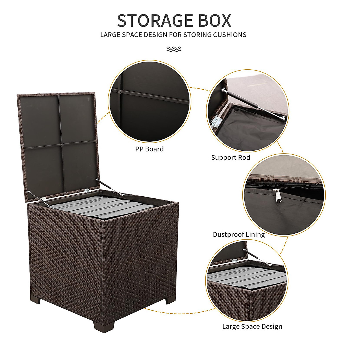 Outdoor PE Wicker Patio Furniture Set 4 Piece Dark Brown Rattan Sectional Loveseat Couch Set Conversation Sofa with Storage Box Glass Top Table and Non-Slip Grey Cushion