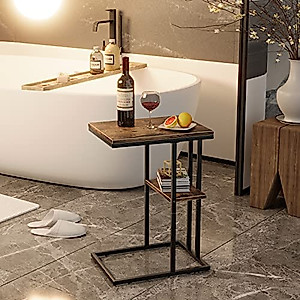 Easy Paws C Table End Table, Couch Side Table, C Shaped End Table for Sofa, Small Side Table Rustic Snack Table for Small Spaces, Living Room, Bedroom(Brown)…