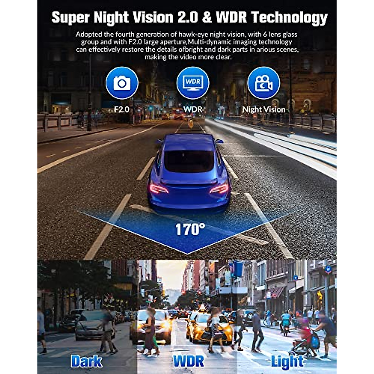 Dash Camera for Cars,4K Car Camera Full UHD Dash Cam Front Rear with Free 32GB SD Card,Built-in Super Night Vision,2.0'' IPS Screen,170°Wide Angle,WDR, Loop Recording, 24H Parking Mode