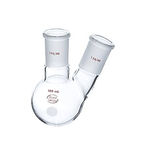 Wilmad-LabGlass LG-7291-222 Double Neck (Center Vertical & Side Angled) Round Bottom Flask, 100mL, Standard Taper 24/40 Center, Standard Taper 24/40 Side