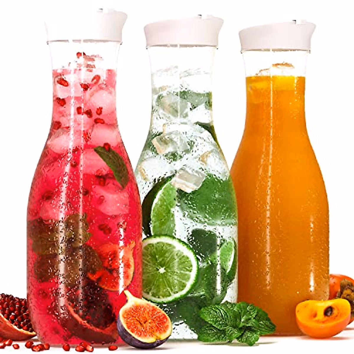 8 Pack Large Carafe Pitchers - 1 liter, Narrow-Neck and Easy-Grip Water, Wine & Juice Carafes with Sturdy Screw-on Lids, Great for Mimosa Bar - by Lendra