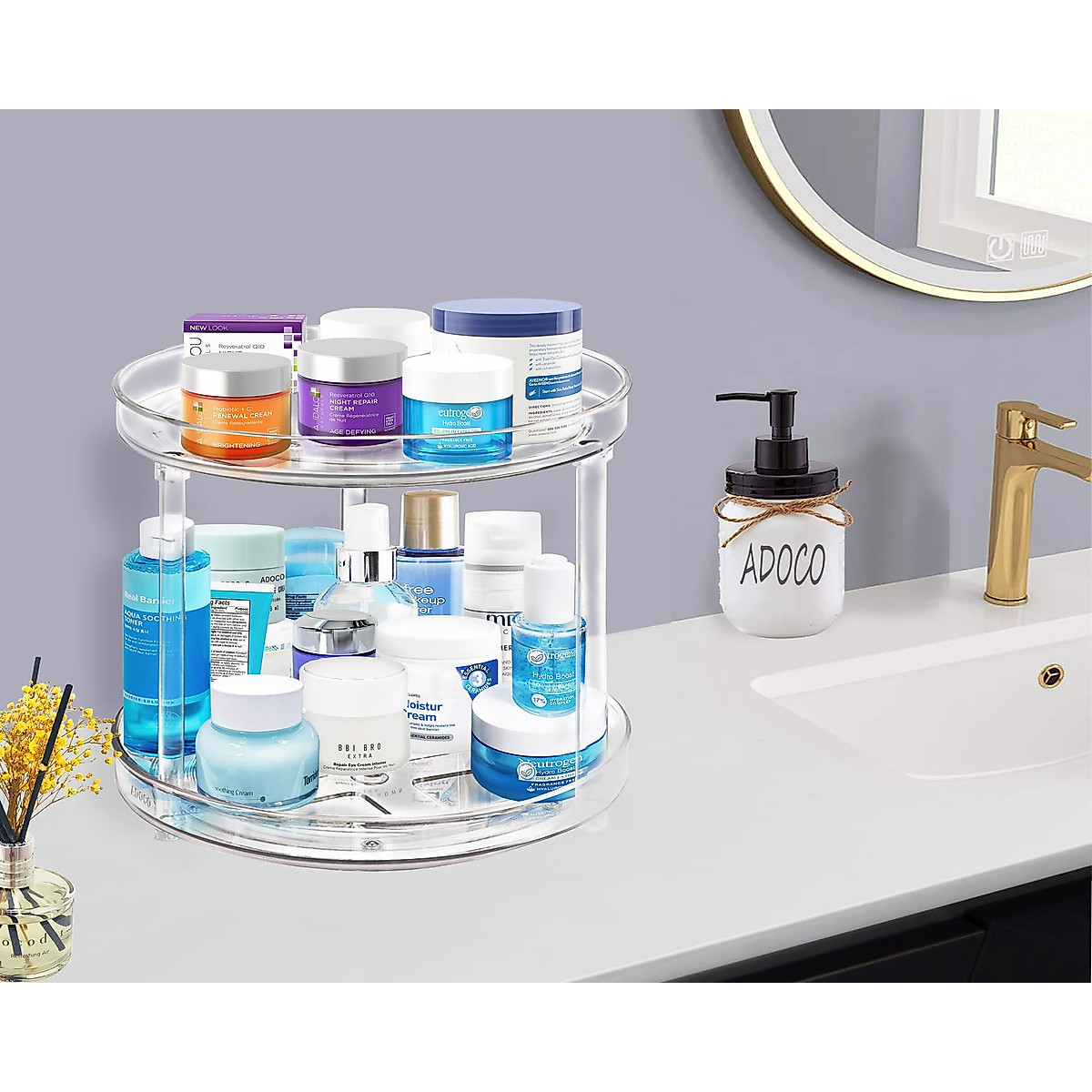 2 Tier Lazy Susan, 10.6 Inch Clear Makeup & Skincare Organizer, Bathroom Countertop Perfume Organizer