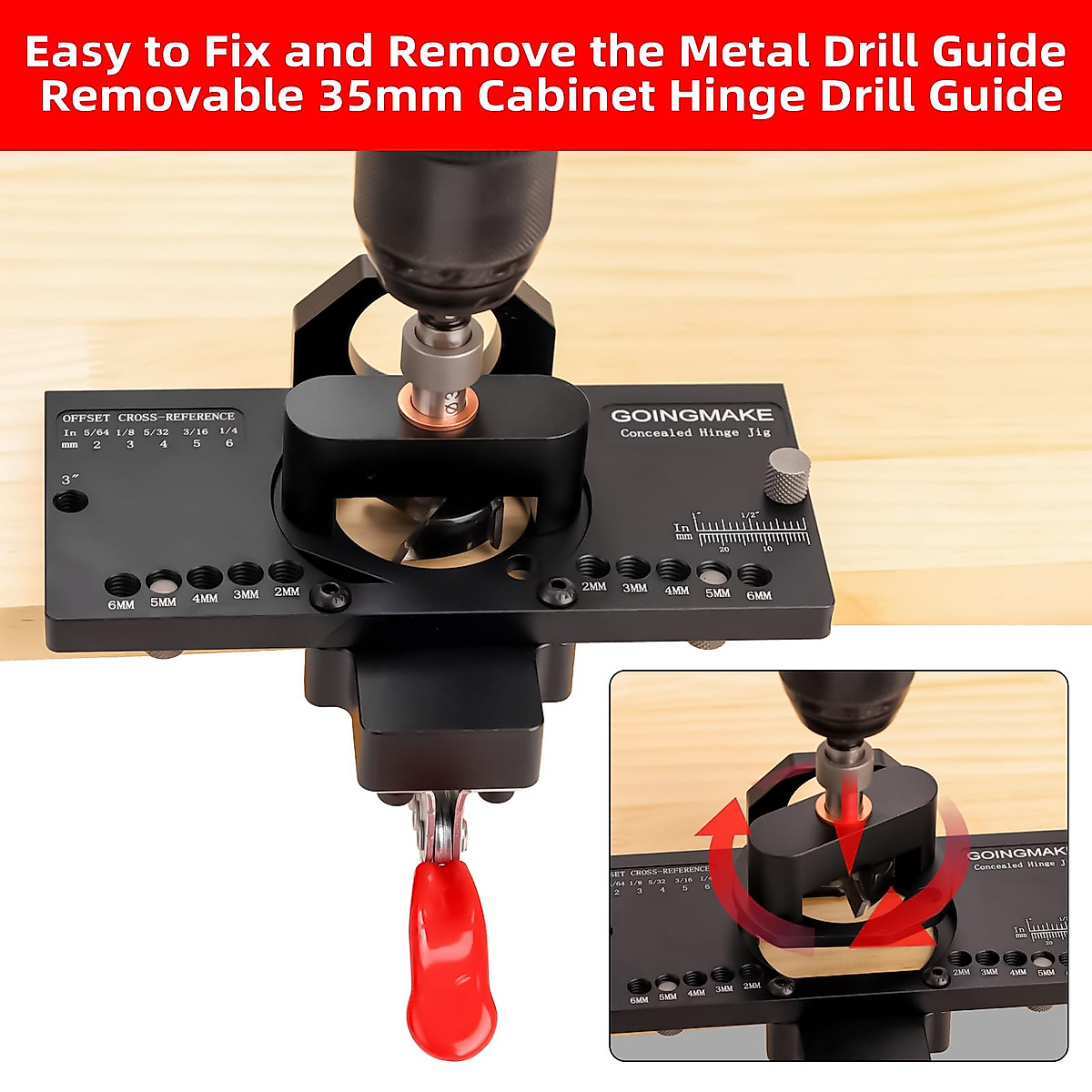 GOINGMAKE Metal Concealed Hinge Jig with Quick Clamp and Dust Vacuum Adapter Concealed Door Hinge Jig 35mm Cabinet Hinge Jig Hinge Hole Drilling Jig for Woodworking Door Cabinet Hinges Mounting Tool