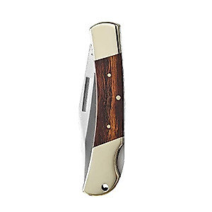 SENBON folding lock back knife 3.3in 440a sharp outdoor knife sand iron wood copper handle with Leather Sheath