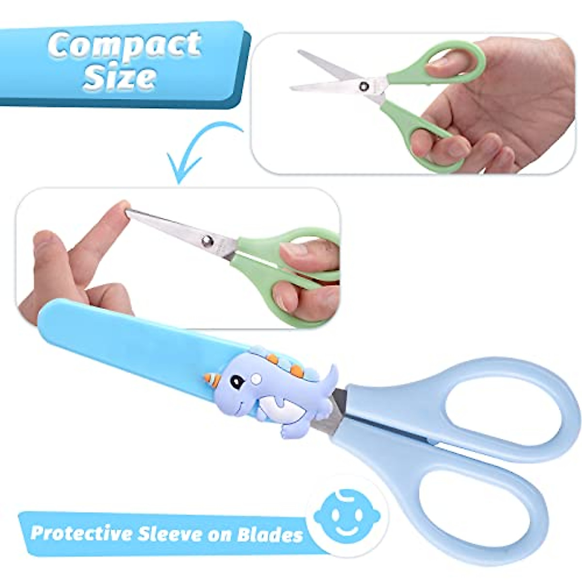 LOVESTOWN Kids Scissors, 4PCS Dinosaur Safety Scissors Stainless Steel Scissors Preschool Training Scissors with Sleeves for DIY Crafts Paper Cut