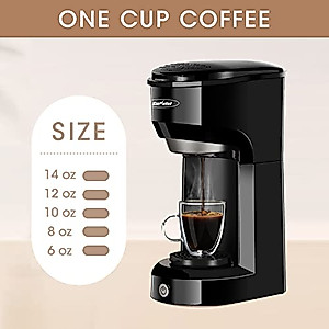 Single Serve Coffee Maker, K Cup Coffee Maker for Capsule Pod Ground Coffee, 1000W Single Cup Coffee Maker with Permanent Filter 6-14oz Reservoir One-Touch Button Fast Brew & Auto Shut Off, Black
