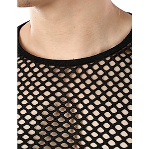 VOWUA Men's Mesh See Through Fishnet Shirts Muscle Pullover Long Sleeves Crew Neck Casual Clubwear Blouse Black