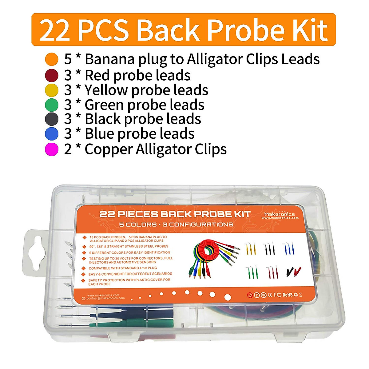 Makeronics 22PCS Back Probe Kit |15 Pcs 30V Back Probe Pin | 5 Pcs 4mm Banana Plug to Alligator Clip Circuit Test Wires (39.37 inch / 1m length) | 2 PCS Alligator Clips