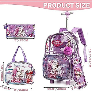 ZBAOGTW Unicorn Rolling Backpack for Girls Rolling Backpack with Lunch Box and Pencil Bag Adjustable Length Wheeled Backpack for Girls