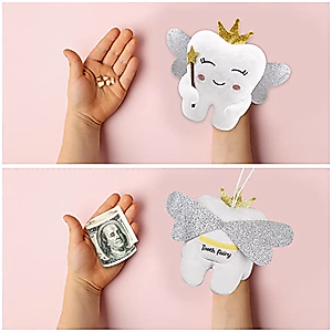 Tooth Fairy Pillow with Shiny Wings Embroidered Tooth Fairy Doll with Pocket Crystal Velvet Tooth Fairy Souvenir Boy Girl Gift (White) (White)