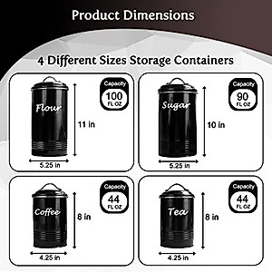 Farmhouse Canisters Set of 4, Food Storage Container for Kitchen Decor, Rustic Metal Countertop Canisters with Airtight Lids for Sugar, Coffee, Tea - Black