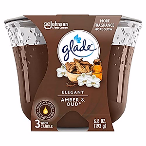 Glade Candle Elegant Amber & Oud, Fragrance Candle Infused With Essential Oils, Air Freshener Candle, 3-Wick Candle, 6.8 Oz