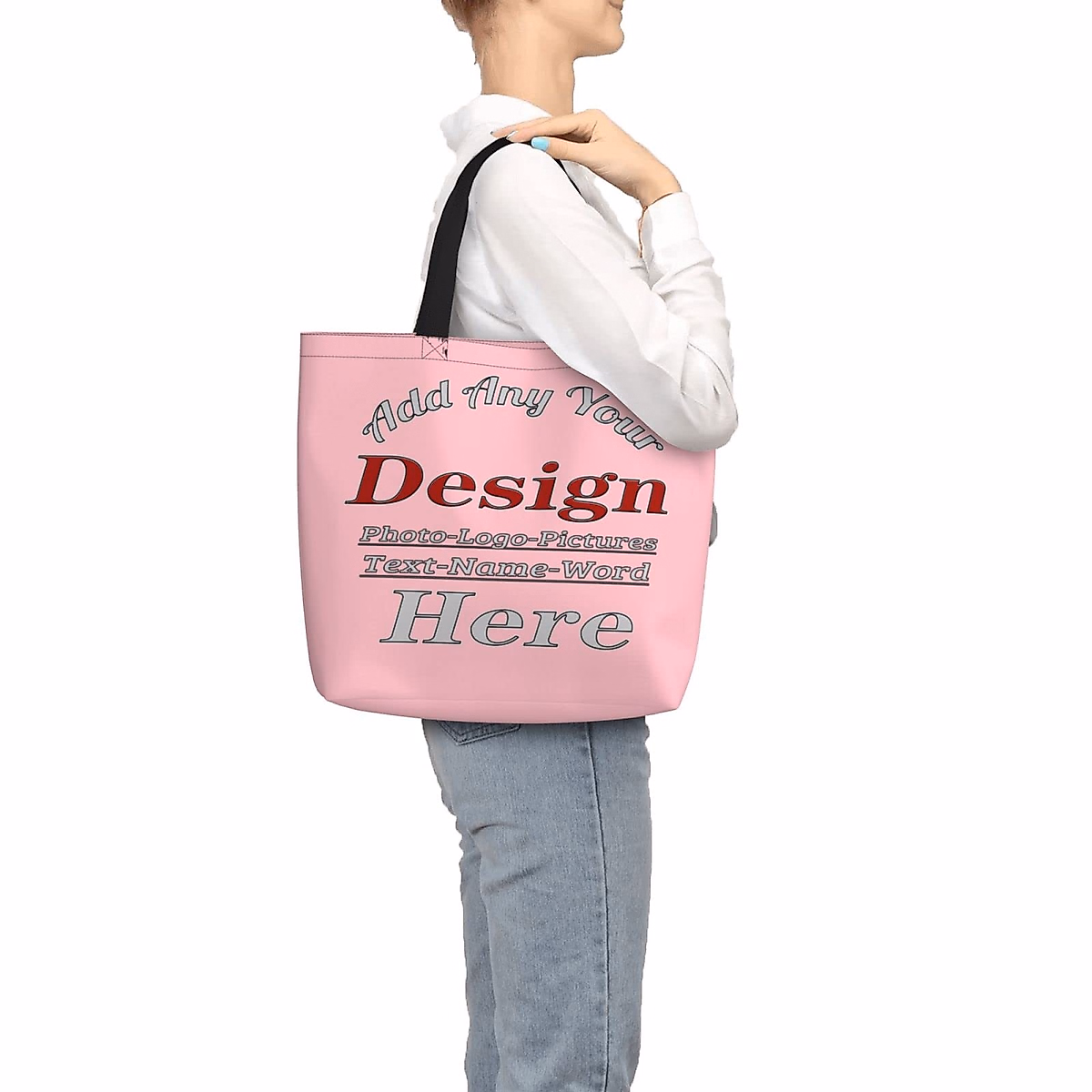 Custom Tote Bag For Women Add Your Own Logo Photo Image Text Name Shoulder Bag Handbag Pink Customize Bag For Shopping Travel Business Work Beach Personalized Gift