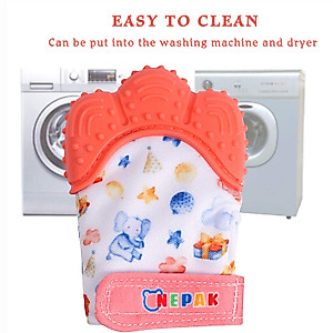 NEPAK Teething Mitten 2 Pairs-Baby Glove Stimulating Teether Toys for Boys & Girls-Teething Glove for Child (Cartoon Puppet,Coral and Mint Colours)