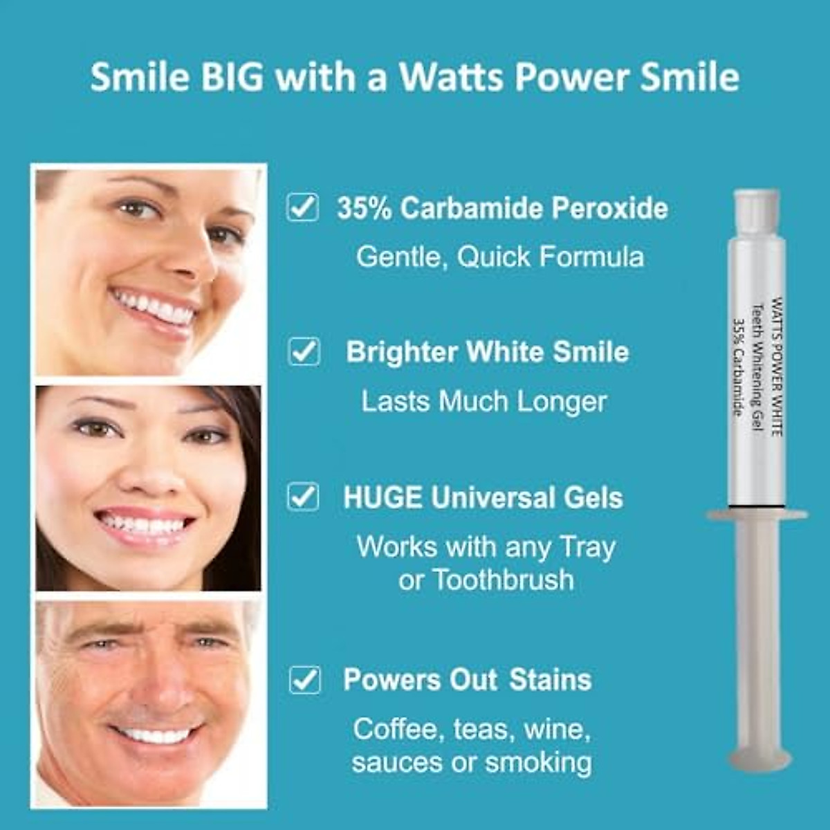 Watts Power 35% Dual Action Teeth Whitening Gels Huge 10ml - 4 Huge 10ml Gels Plus Aftercare Gel - Optimized OTC Dual Action for Surface and Deep Stains for Quick Results - Made in The USA - Kosher