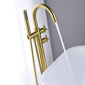 Artiqua Freestanding Tub Filler Bathtub Faucet Brushed Gold Floor Mount Brass Bathroom Faucets with Hand Shower