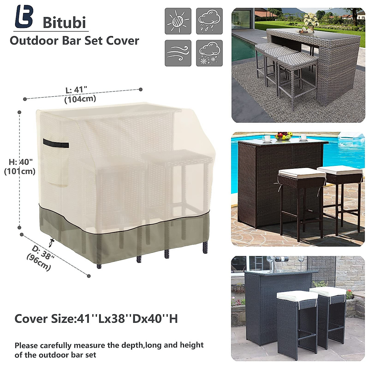 Bitubi 41 Inch Outdoor Bar Set Cover 600D Oxford Cloth Heavy Duty Waterproof Patio Bar Set Cover Wicker Bar Table Set Covers