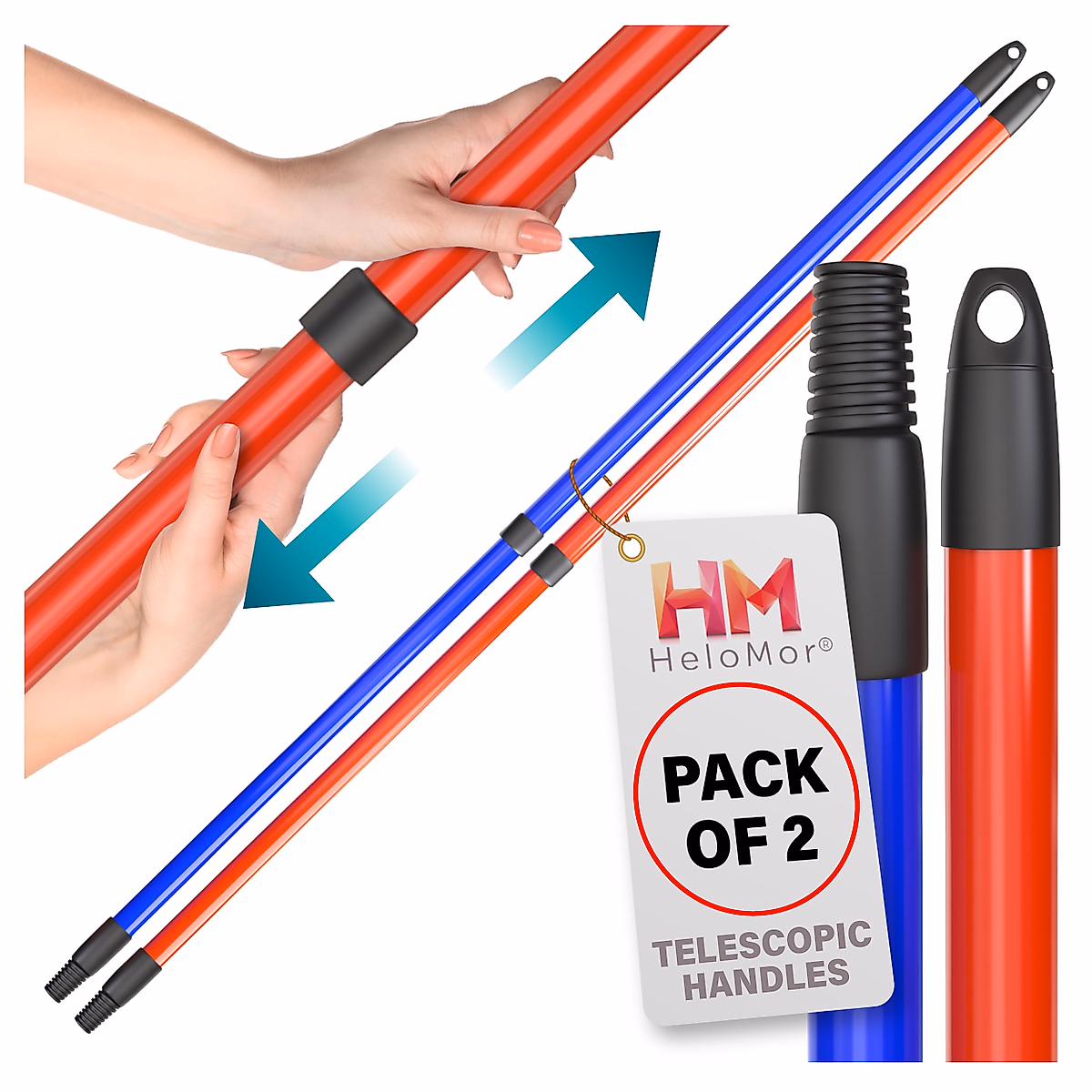 HELOMOR 2-Pack New Telescopic Metal Broom Handles, USA Standard Thread Refill Replacement Stick Pole, 59' Long and 1.87' Wide, Blue and Red Pull Broom
