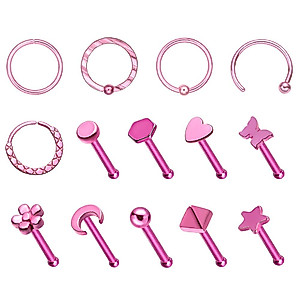 WASOLIE 14 PCS Nose Rings for Women 316L Stainless Steel Nose Piercings Jewelry Screw Men Nose Studs Rings.