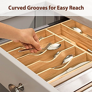 Kitchen Drawer Organizer, 13 Inch Silverware Utensil Tray Holder, Extra Deep, with Non-Slip Feet & Grooved Drawer Divider, 7 Slots Total Bamboo Wood Caddy for Flatware Cutlery Knives, Forks, Spoons
