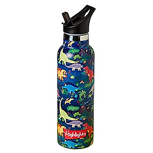 Highlights Insulated Water Bottle for Kids, 20-Ounce Stainless Steel Water Bottles for Boys and Girls, Double Wall Vacuum Insulated, Kids Water Bottle for School (Dinosaur - Green)
