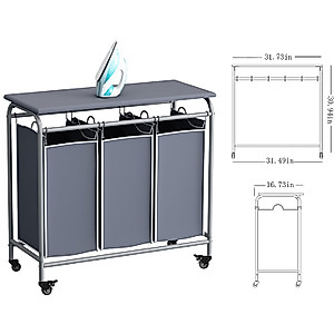 LINZINAR 3 Bag Laundry Basket Sorter Heavy Duty Rolling Lockable Wheels Laundry Hamper Cart with Ironing Board and Removable Bags, Grey