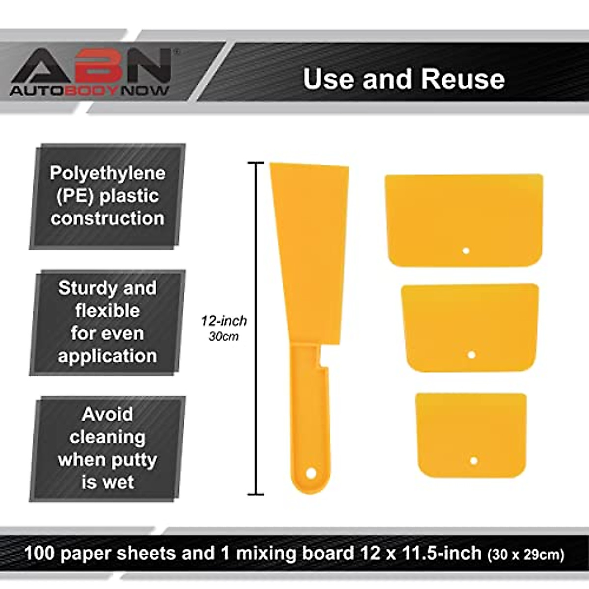 ABN Body Shop Mix Boards Kit - Plastic Scraper and 100pc Body Filler Mixing Board for Filling Scratches
