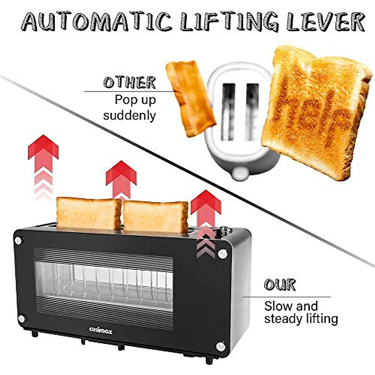 Toaster 2 Slice, CUSIMAX Toaster Long Slot with Glass Window Bagel Toasters, Artisan Bread Toaster Stainless Steel Wide Slot with Automatic Lifting, Slide-out Glass Panel and Removable Crumb Tray, Black Toaster