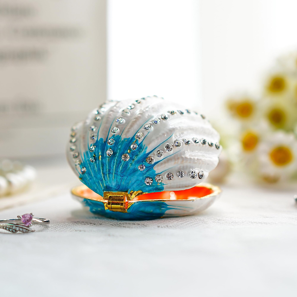 YU FENG Jeweled Seashell Figurine Trinket Boxes Hinged Collectible Painted Enameled Small Ocean Animal Jewelry Box(Ocean Blue)