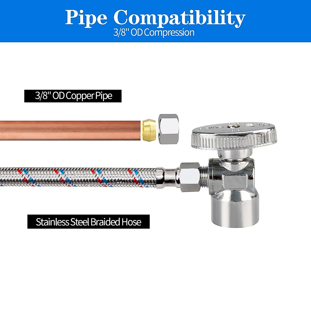 Stop Valves, 1/2" × 3/8" Angle Stop Valve, 1/2" FIP Angle Input, 3/8" OD Compression Output, 1/4 Turn, Chrome Plated Brass for Kitchen, Faucet, Toilet Valves
