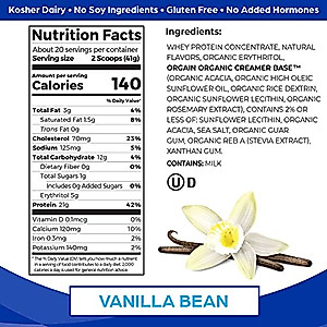 Orgain Grass Fed Whey Protein Powder, Vanilla Bean - 21g of Protein, Low Net Carbs, Gluten Free, Soy Free, No Sugar Added, Kosher, 1.82 Lb (Packaging May Vary)