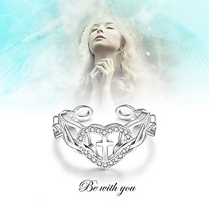 QIUQIULU Celtic Knot Open Finger Ring 925 Sterling Silver Heart Cross Ring Adjustable Size 6-9