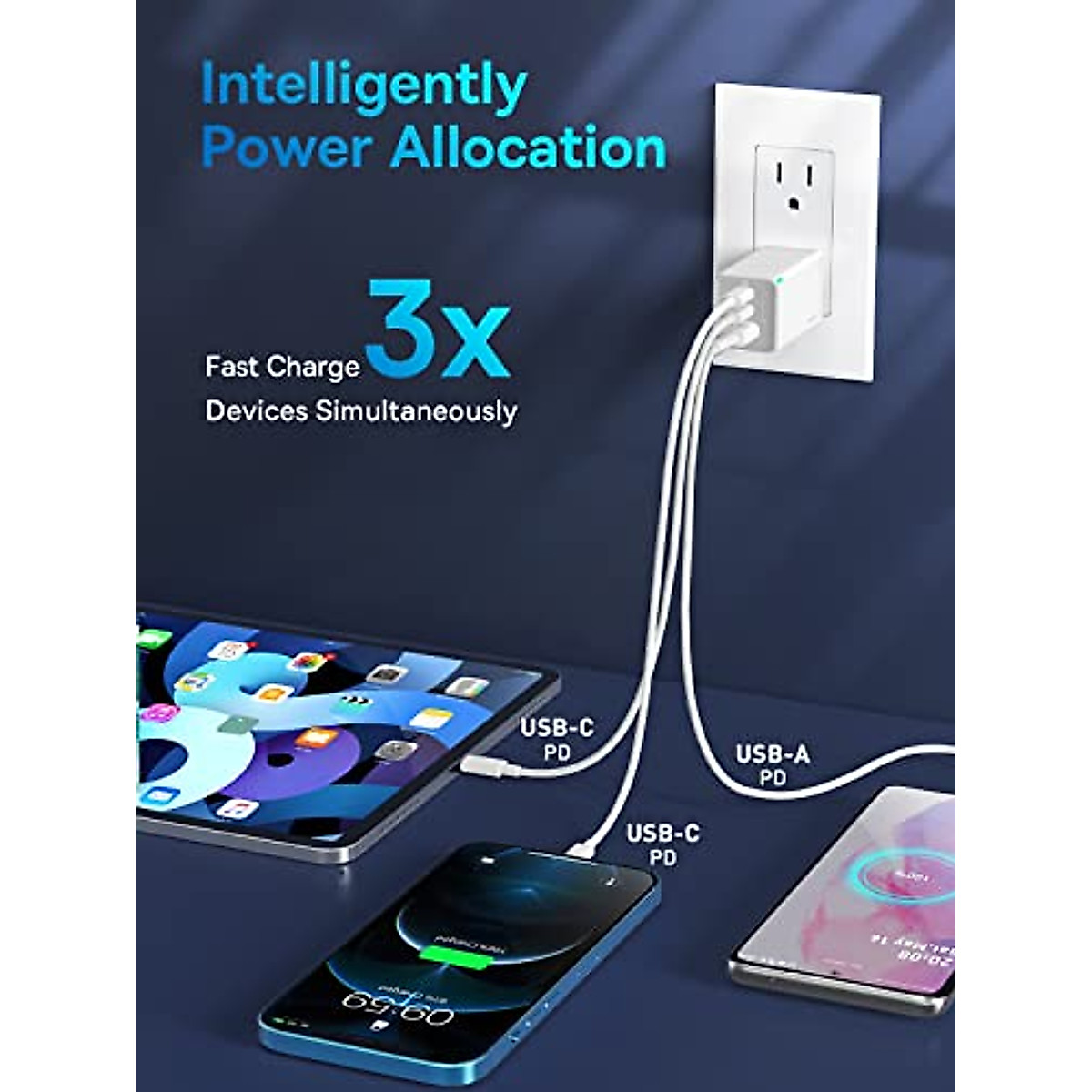 USB C Charger, Baseus 65W USB C Wall Charger, 3 Ports Foldable GaN Charger, Fast Charger for iPhone 14/Pro Max/SE/11/XR/XS, Samsung S22+/S22, MacBook Pro/Air, iPad, Laptops, Pixel 7, Steam Deck