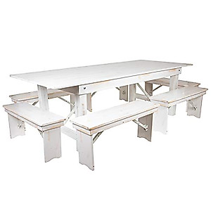 Flash Furniture HERCULES Series 8' x 40" Antique Rustic White Folding Farm Table and Six Bench Set